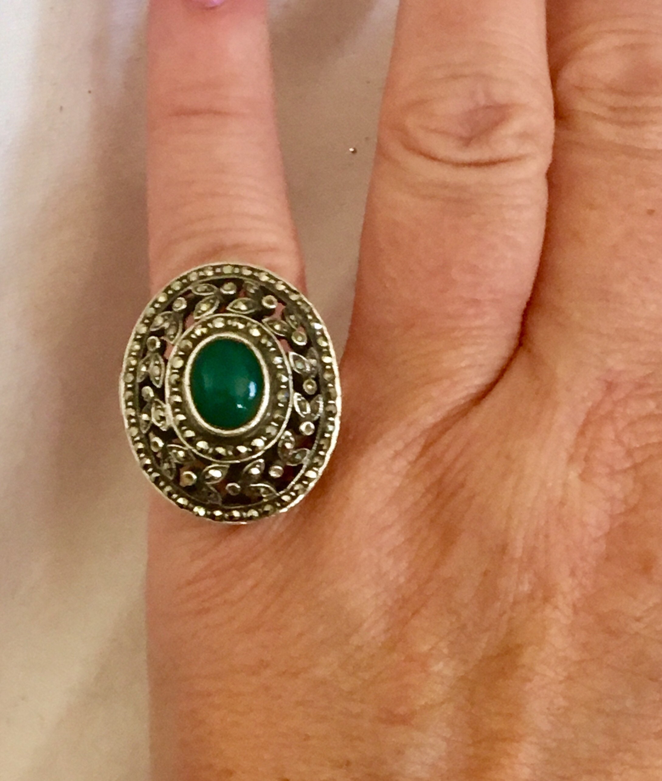 Art Deco Sterling Silver Ring With Green Onyx Surrounded by Marcasites ...