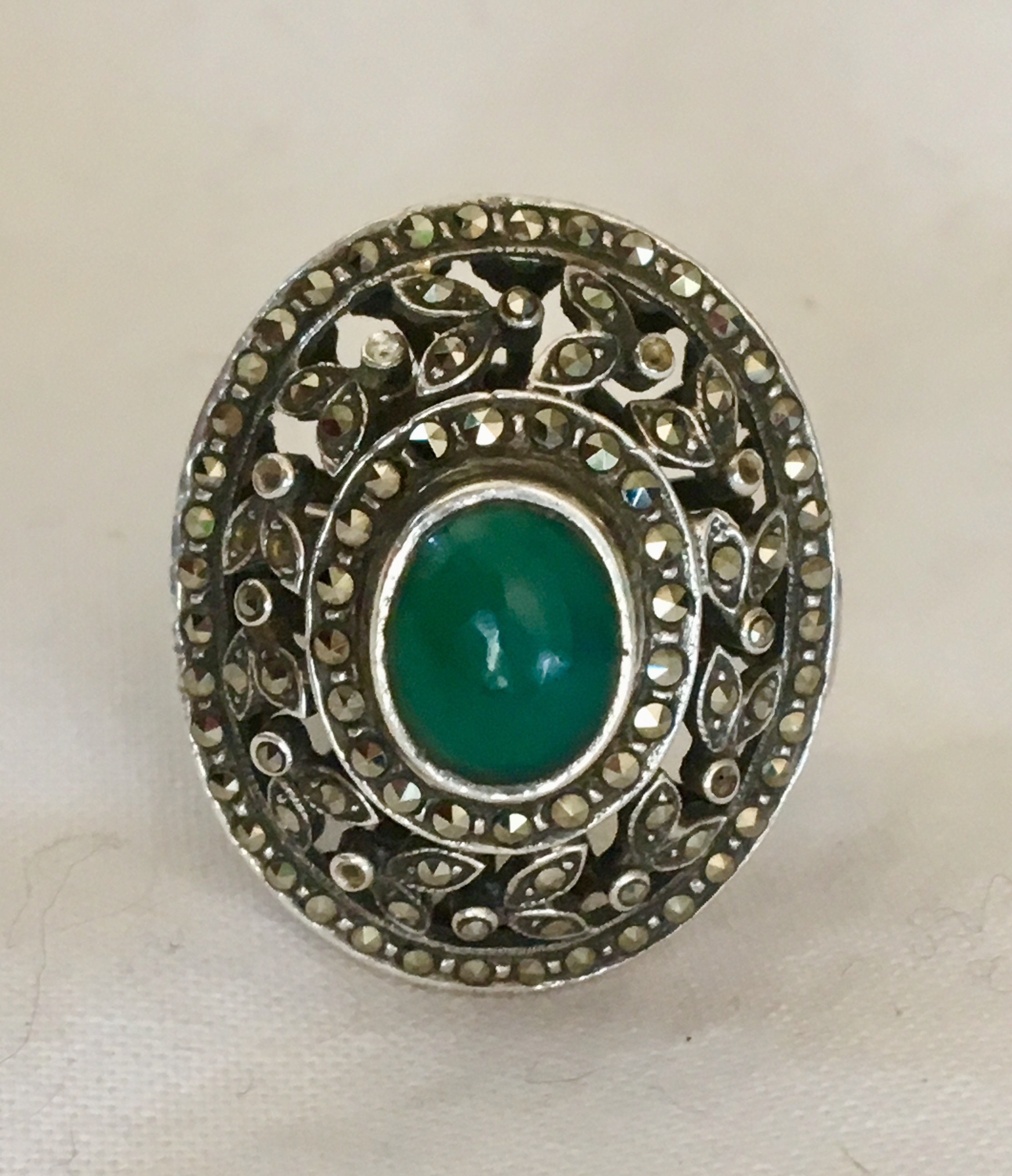 Art Deco Sterling Silver Ring With Green Onyx Surrounded by Marcasites ...