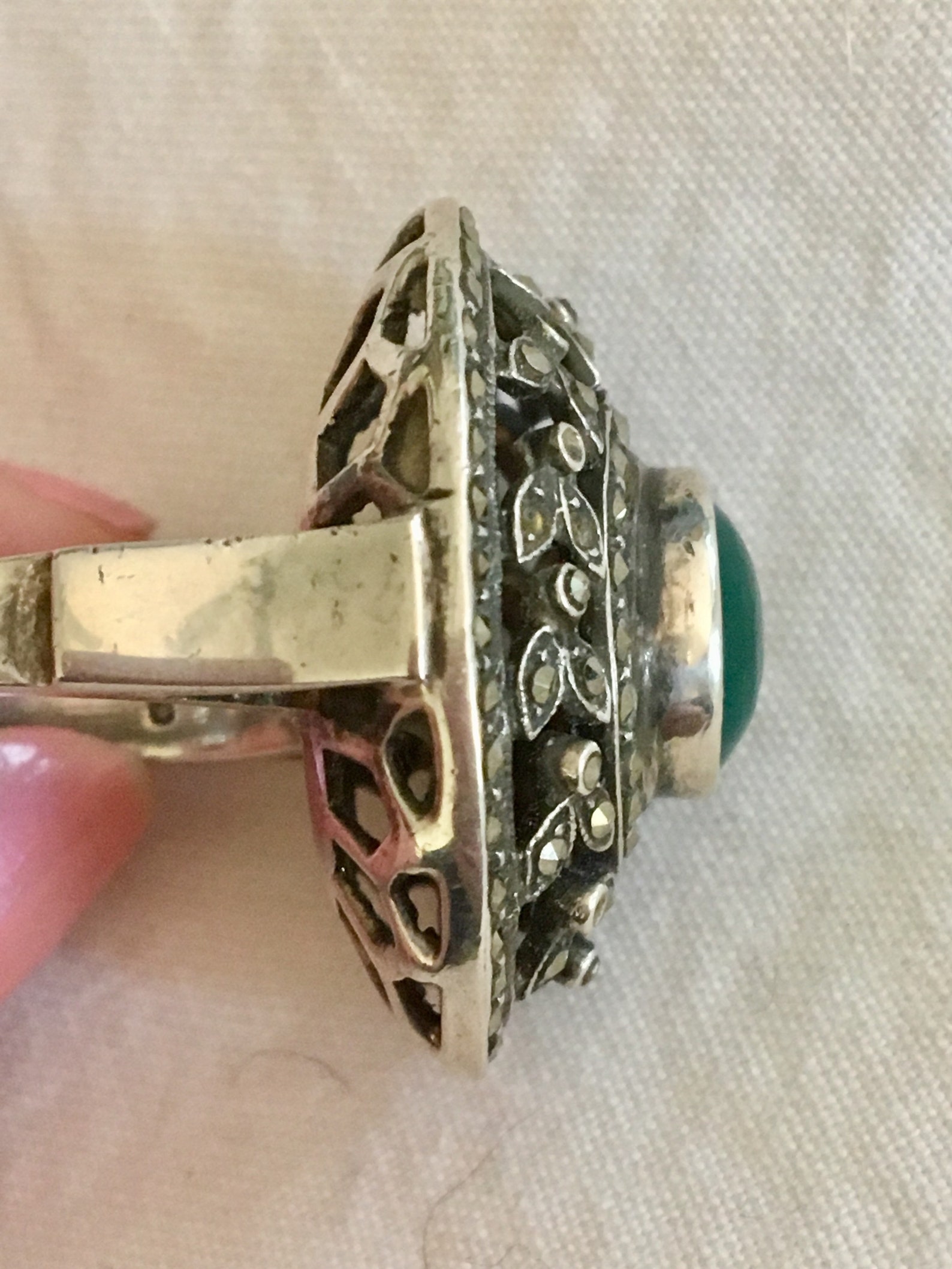 Art Deco Sterling Silver Ring With Green Onyx Surrounded by Marcasites ...