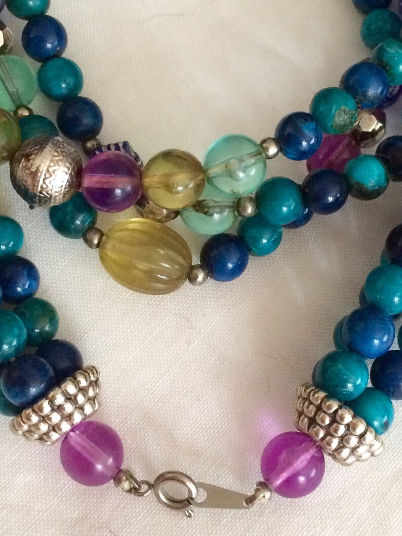 Vintage Triple-strand Necklace Multi-color Blue-green With - Etsy