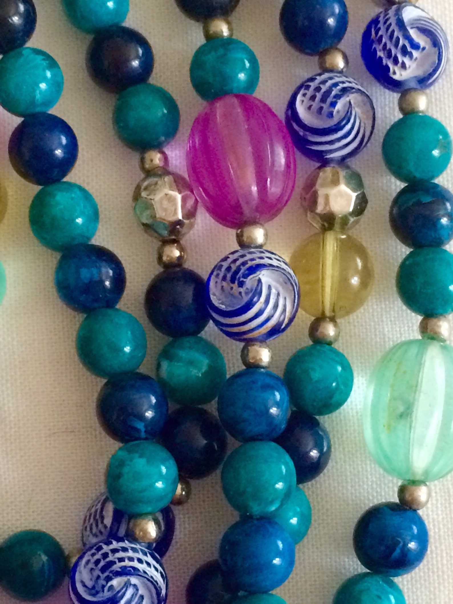 Vintage Triple-strand Necklace Multi-color Blue-green With - Etsy