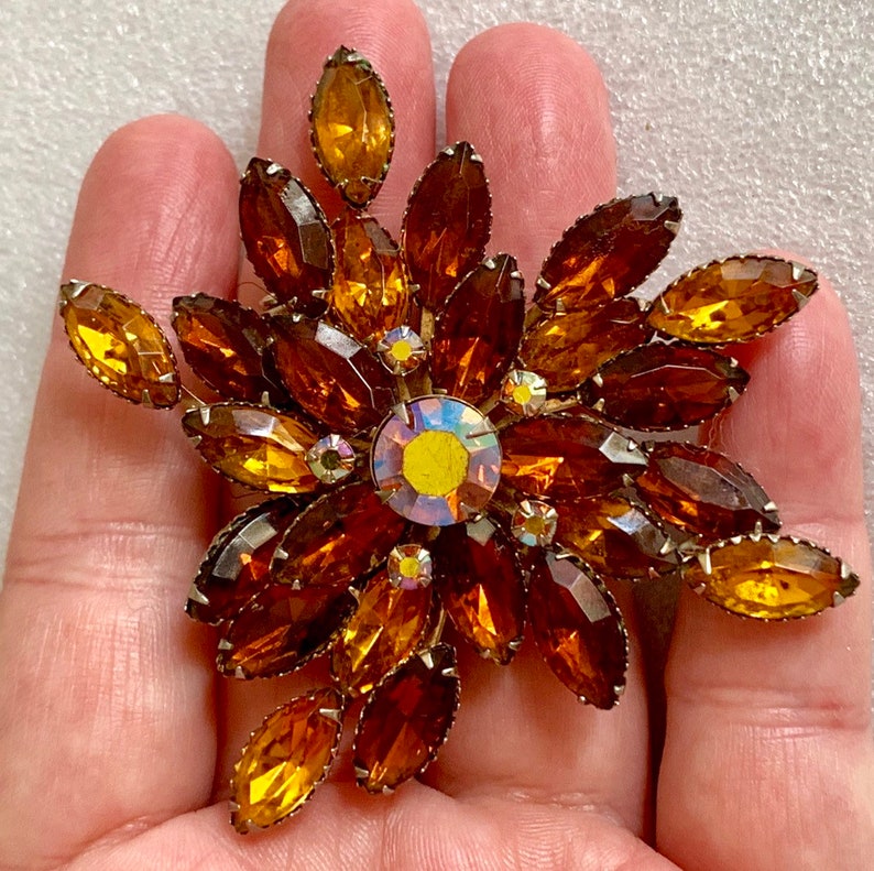 Sale Vintage Rhinestone Brooch Amber Stones With AB Center Stone ...
