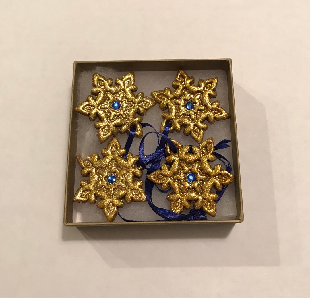 Set of 4 Gold Snowflake Glitter Snowflake Gift Decoration Mini ...