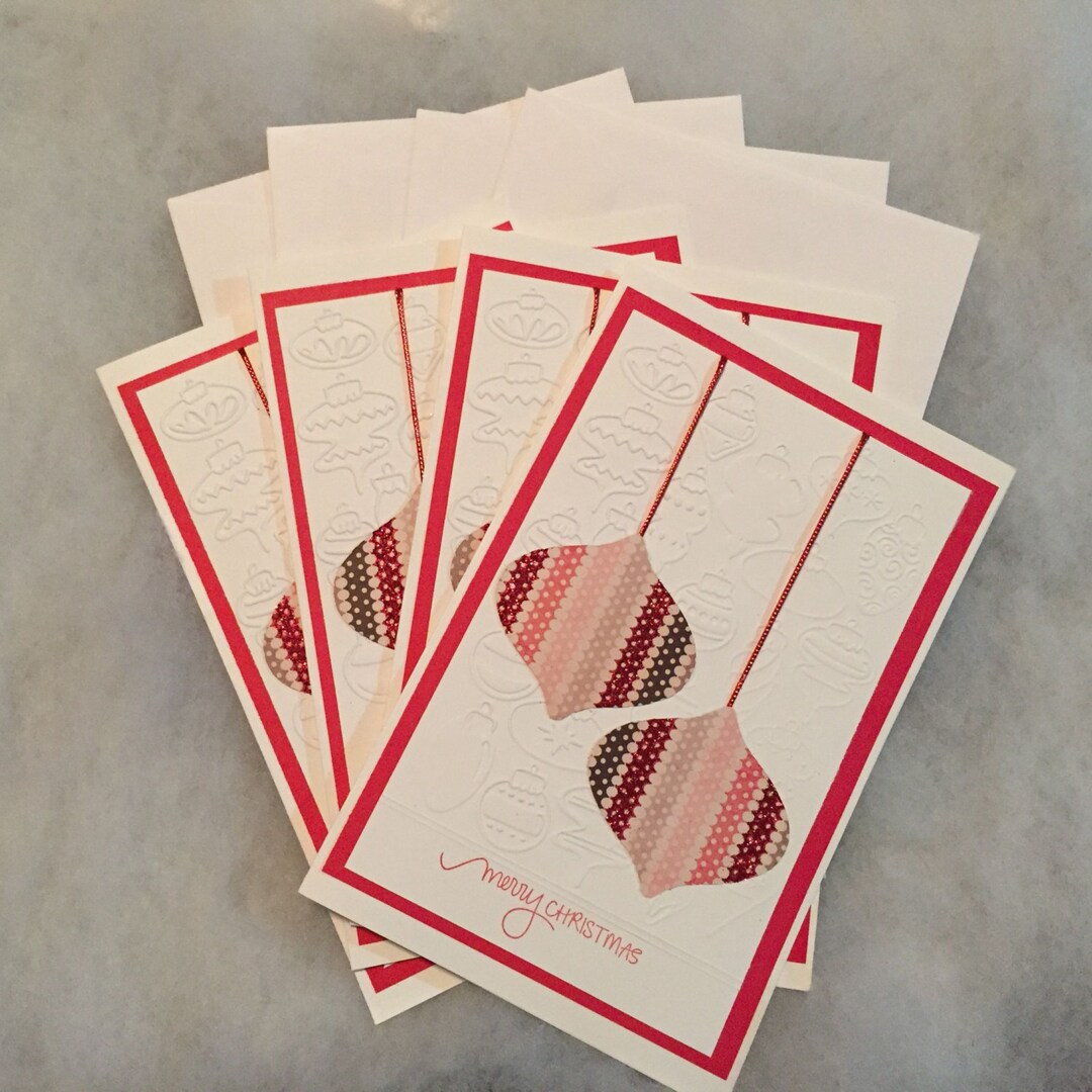 Christmas Ornament Note Card Set of 4 Homemade Red & Pink Glitter Note ...