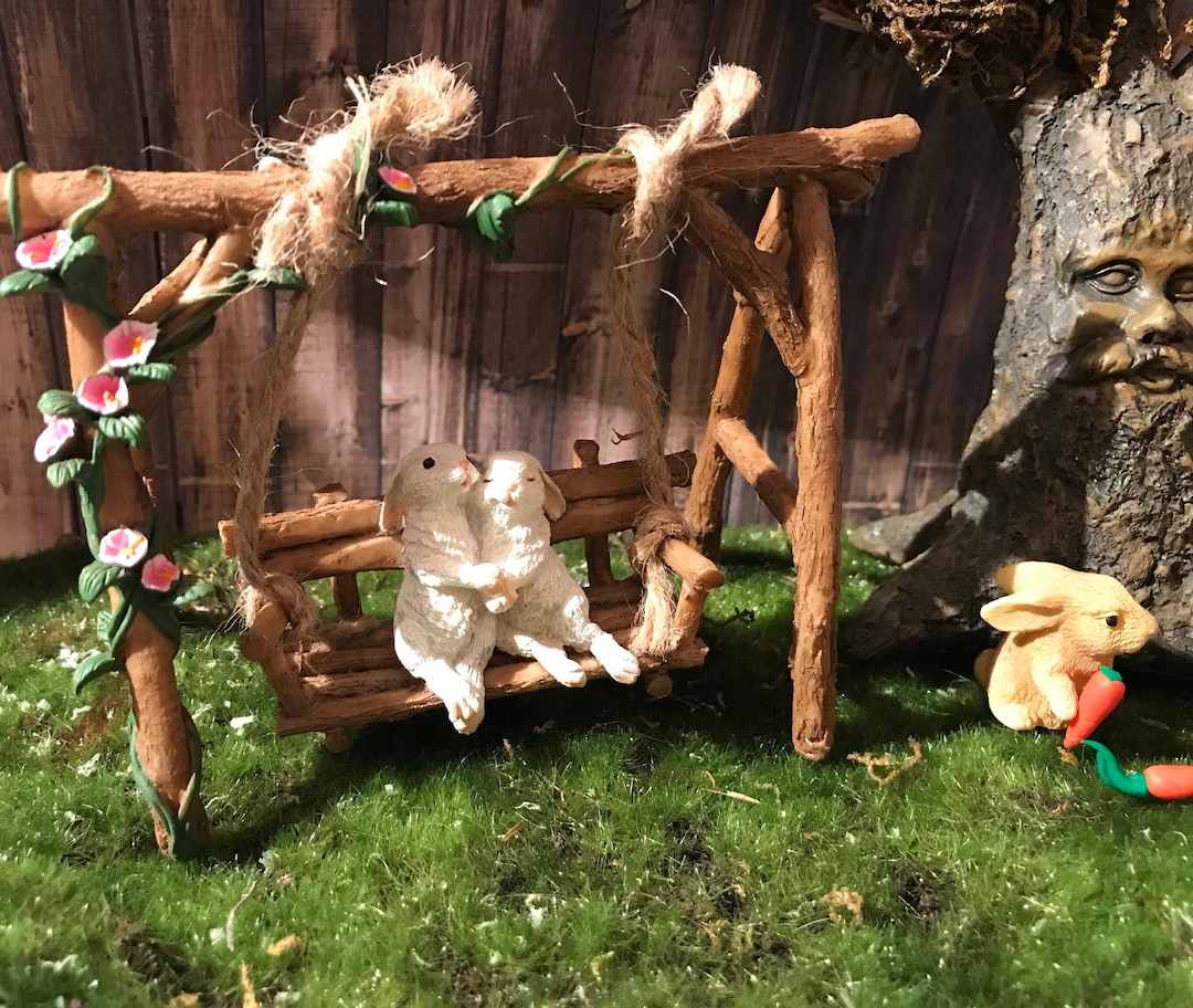 Love Bunnies Sitting on Wood Look Swingset Bunny Rabbit Holding Hands ...