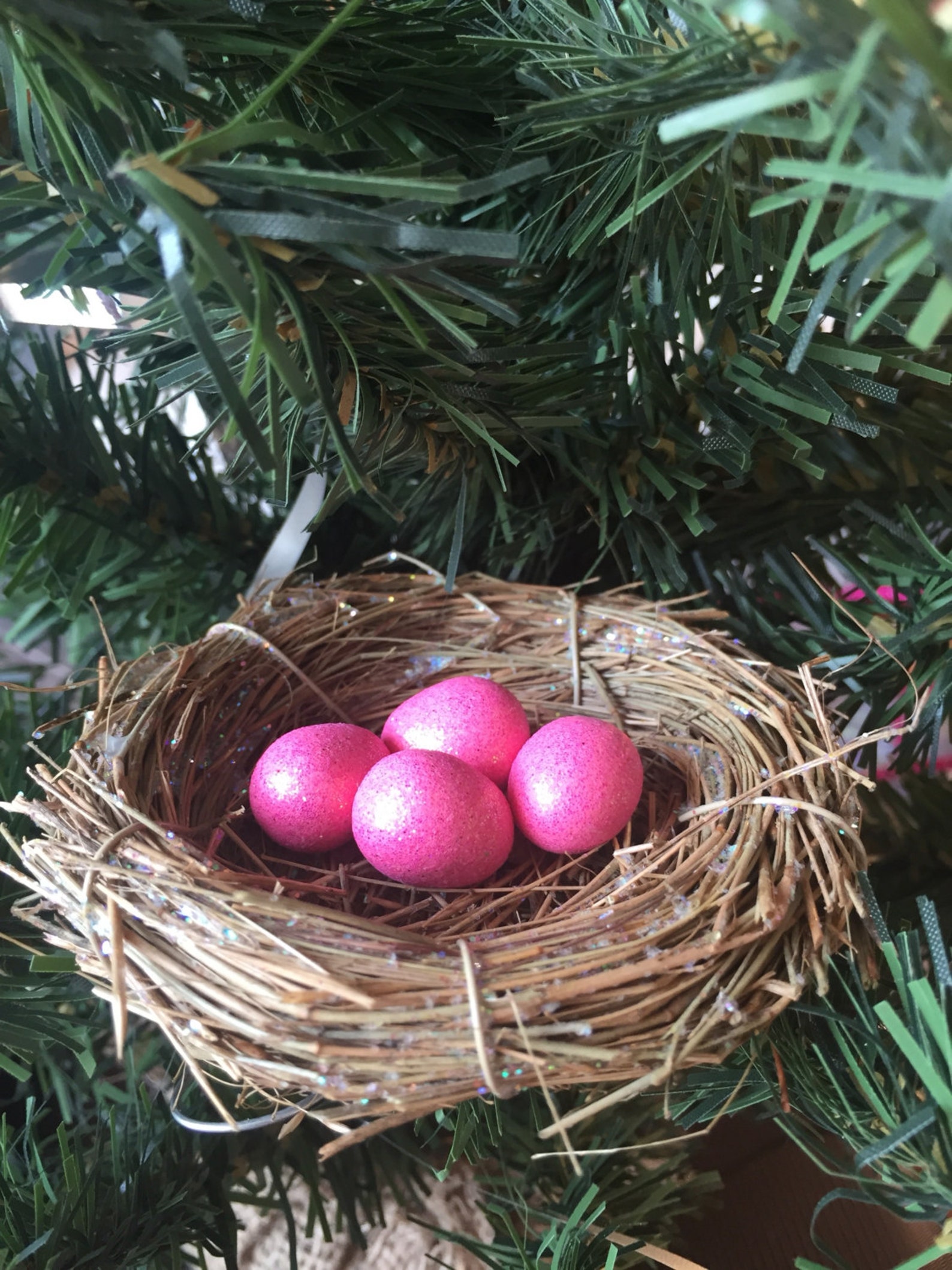 Pink eggs in a glitter 3 bird nest ornament. Find a | Etsy