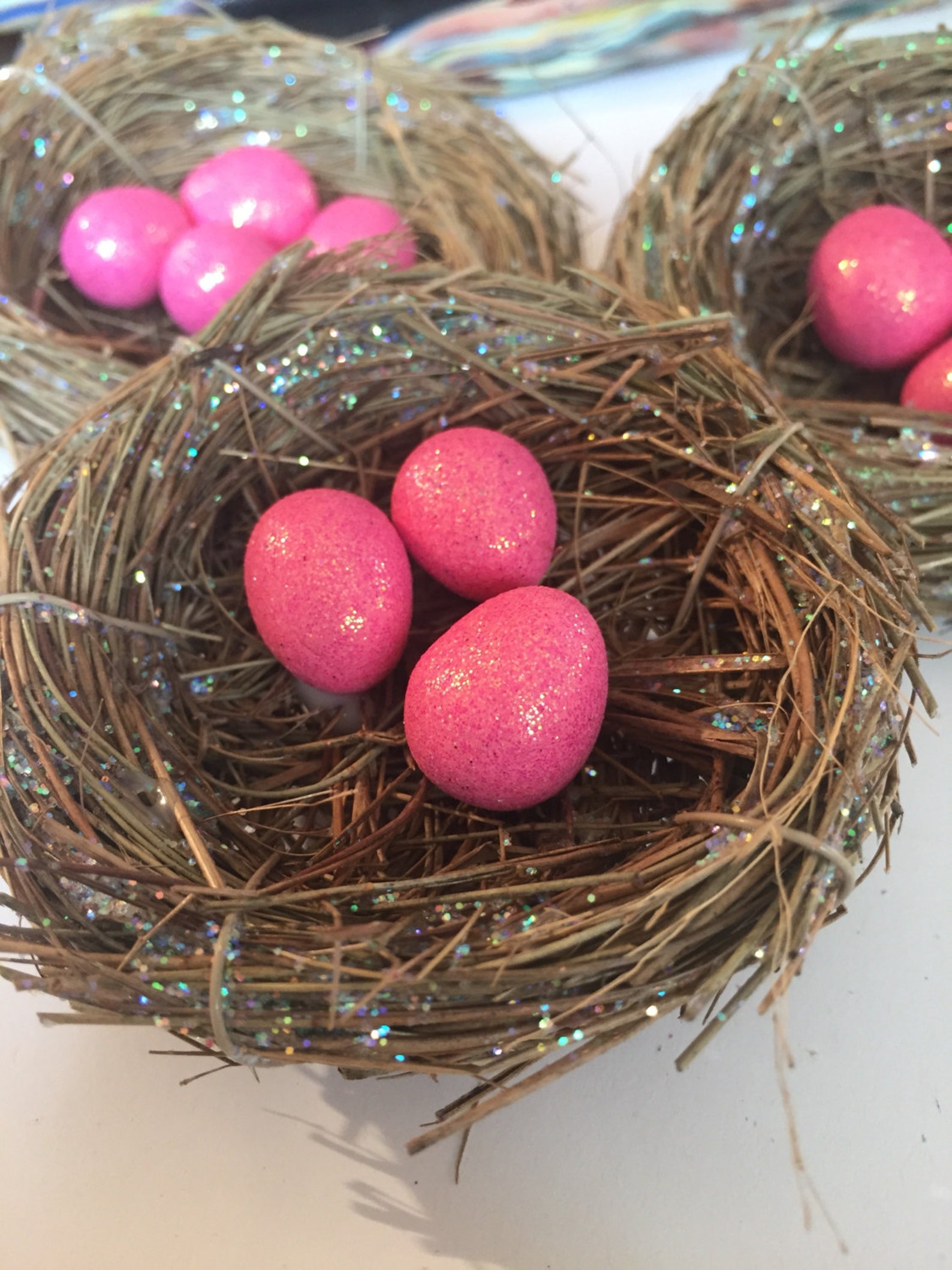 Pink Eggs in a Glitter 3" Bird Nest Ornament. Find a Bird Nest in Your ...