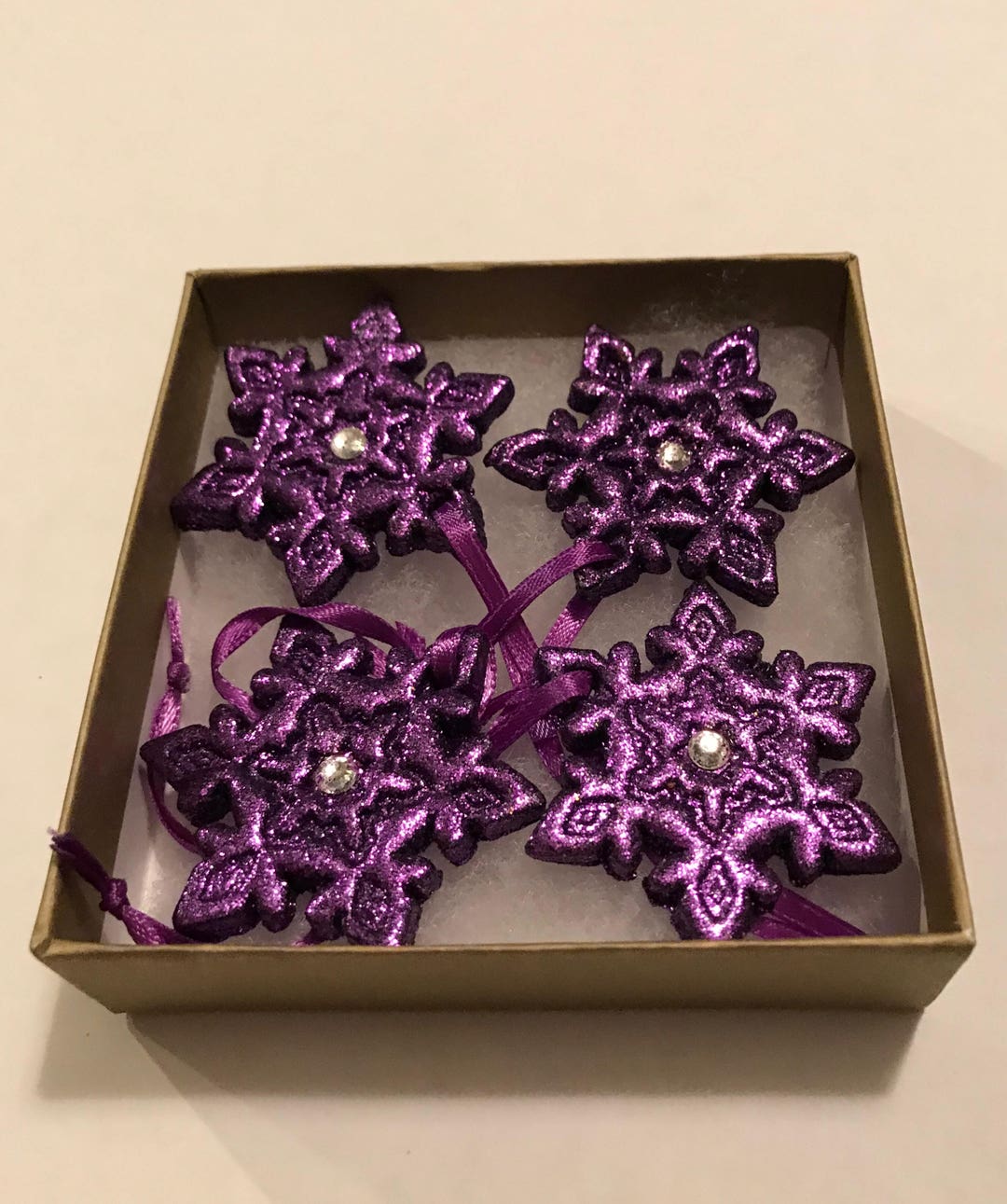 Set of 4 Purple Snowflake Glitter Snowflake Gift Decoration Mini ...