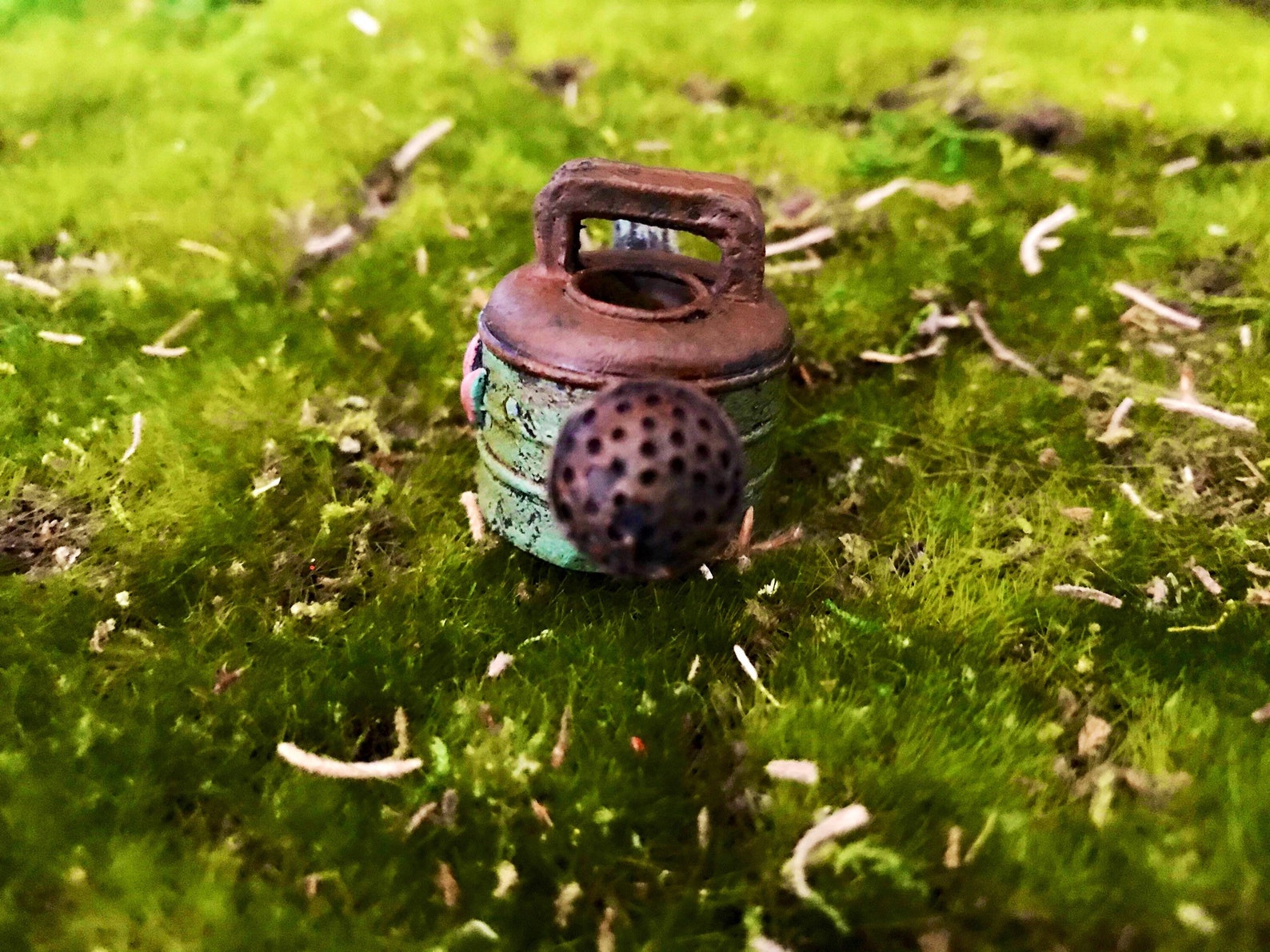 Adorable Sweet Fairy Garden Rustic Watering Can Green With Pretty Pink ...