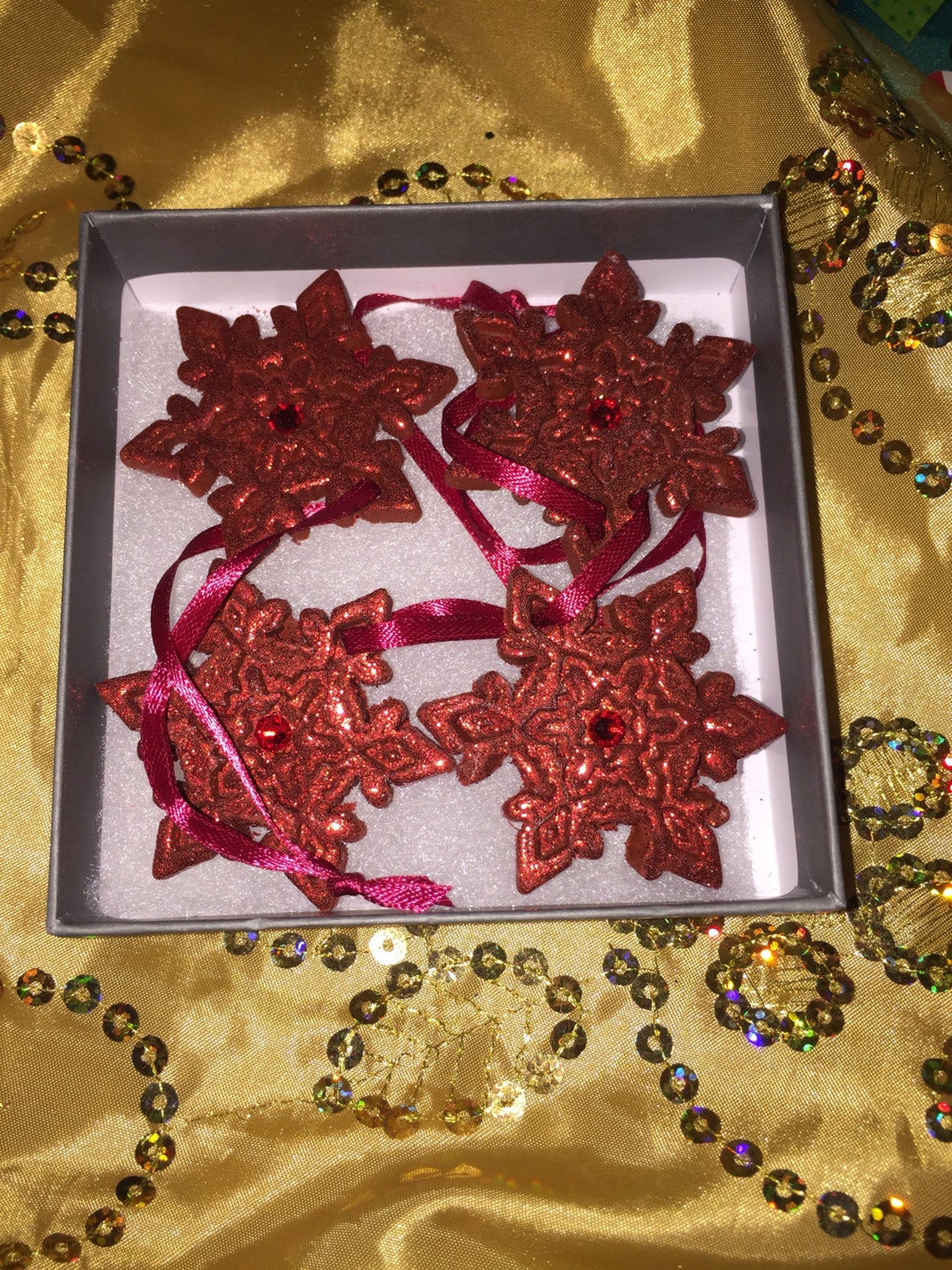 Set of 4.bright Red Snowflake.glitter Snowflake Gift Decoration.mini ...
