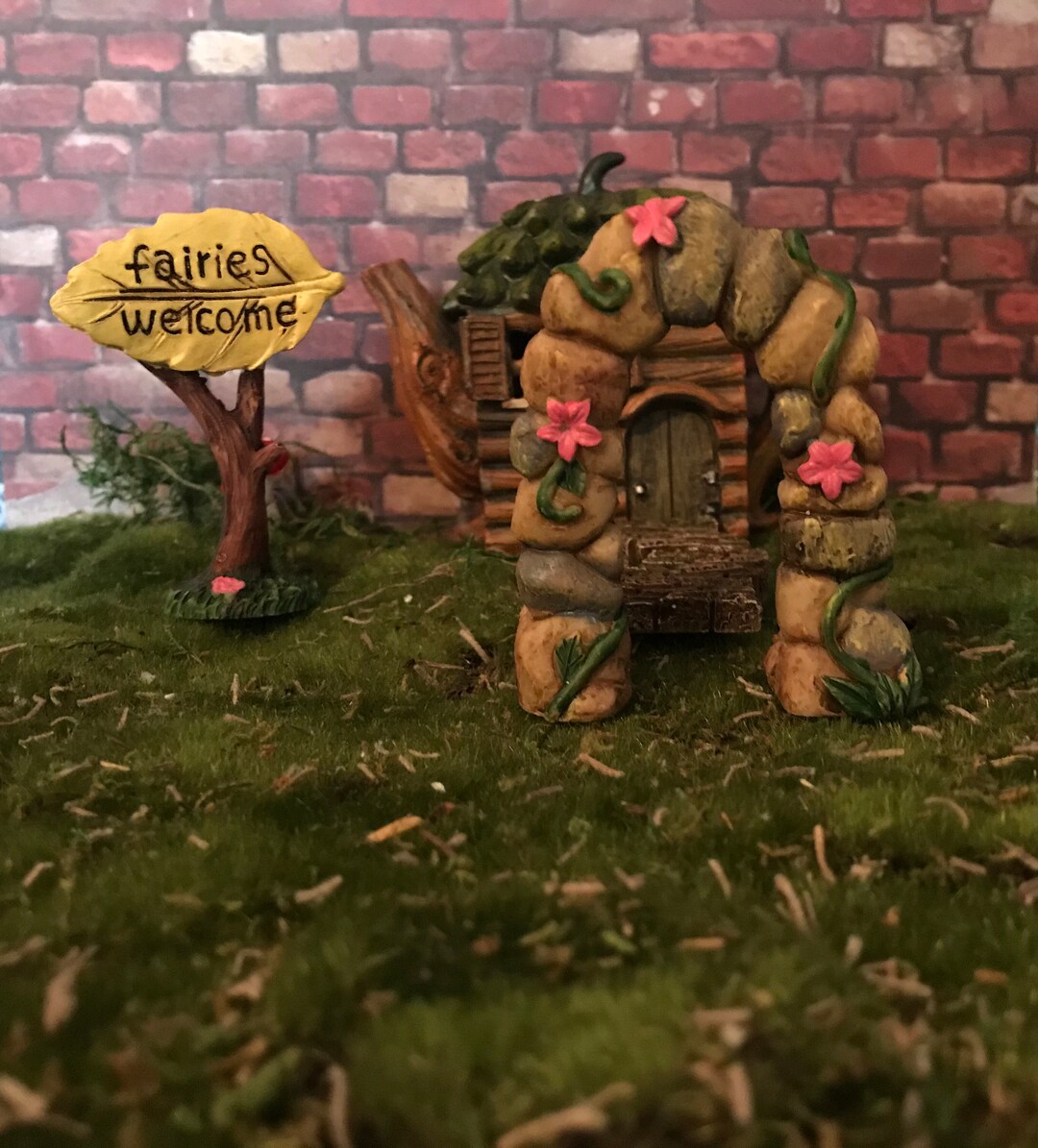 Miniature Fairy Garden Stone Archway Trellis With Pink Flowers and ...