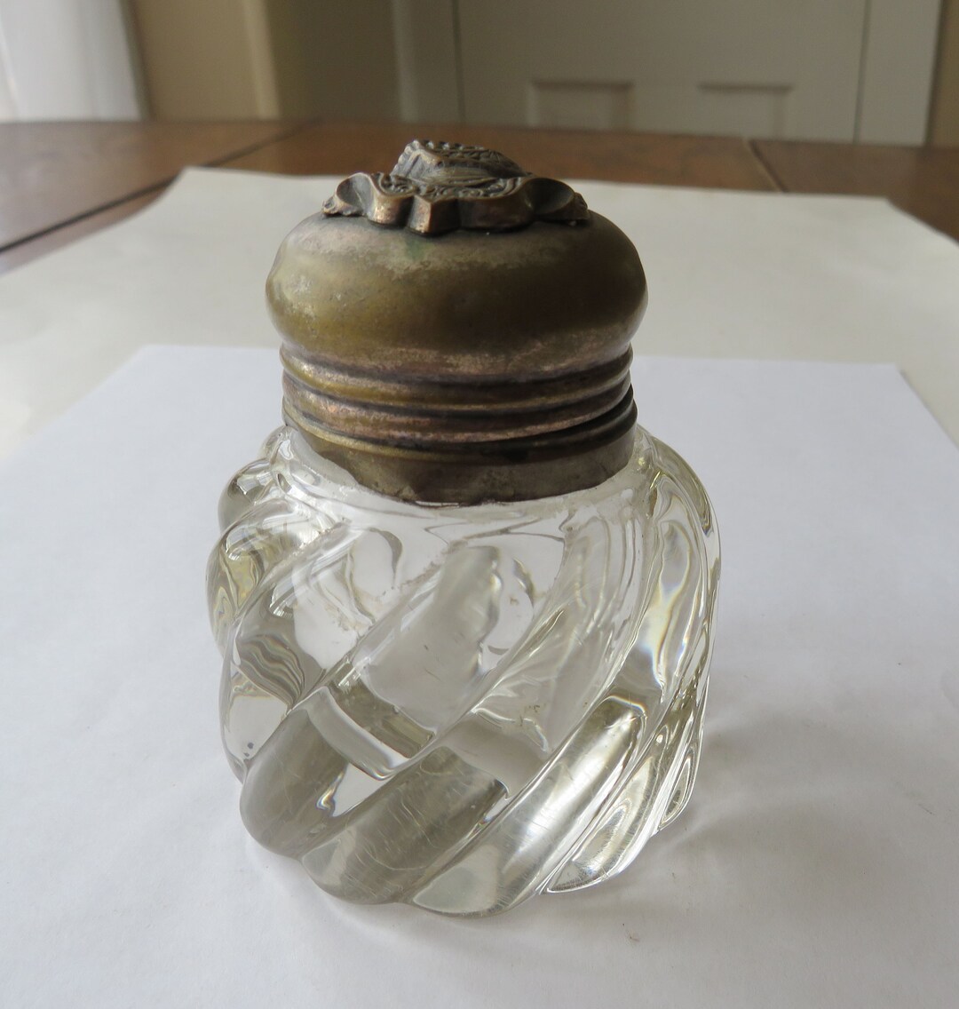 Antique Inkwell Swirled Clear Glass & Metal Top Vintage Ink Well - Etsy