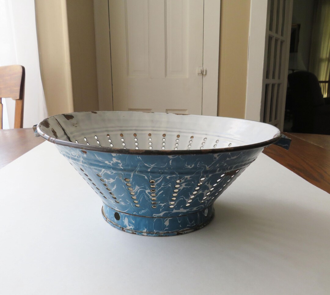 Antique Blue Swirl Graniteware Colander Handles Vintage Enamelware ...