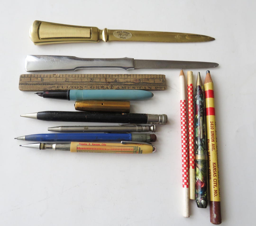 Vintage Junk Drawer Lot Mechanical Pencils Fountain Pen Letter Openers ...