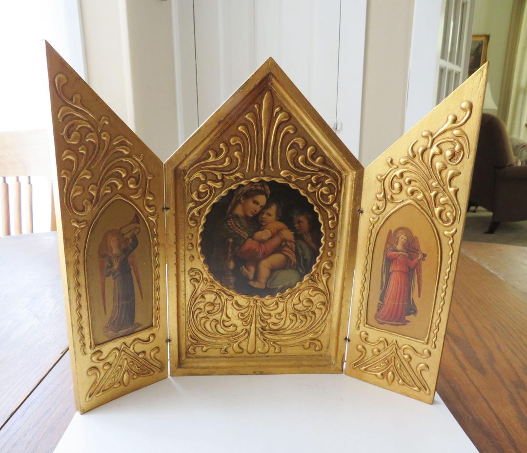 Vintage Religious Triptych Folding Picture Madonna & Child Angels - Etsy