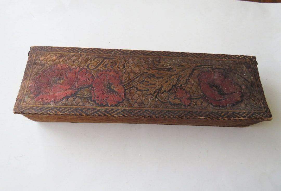 Antique Pyrography Long Dresser Box Pyro Vintage Floral Flowers Ties - Etsy