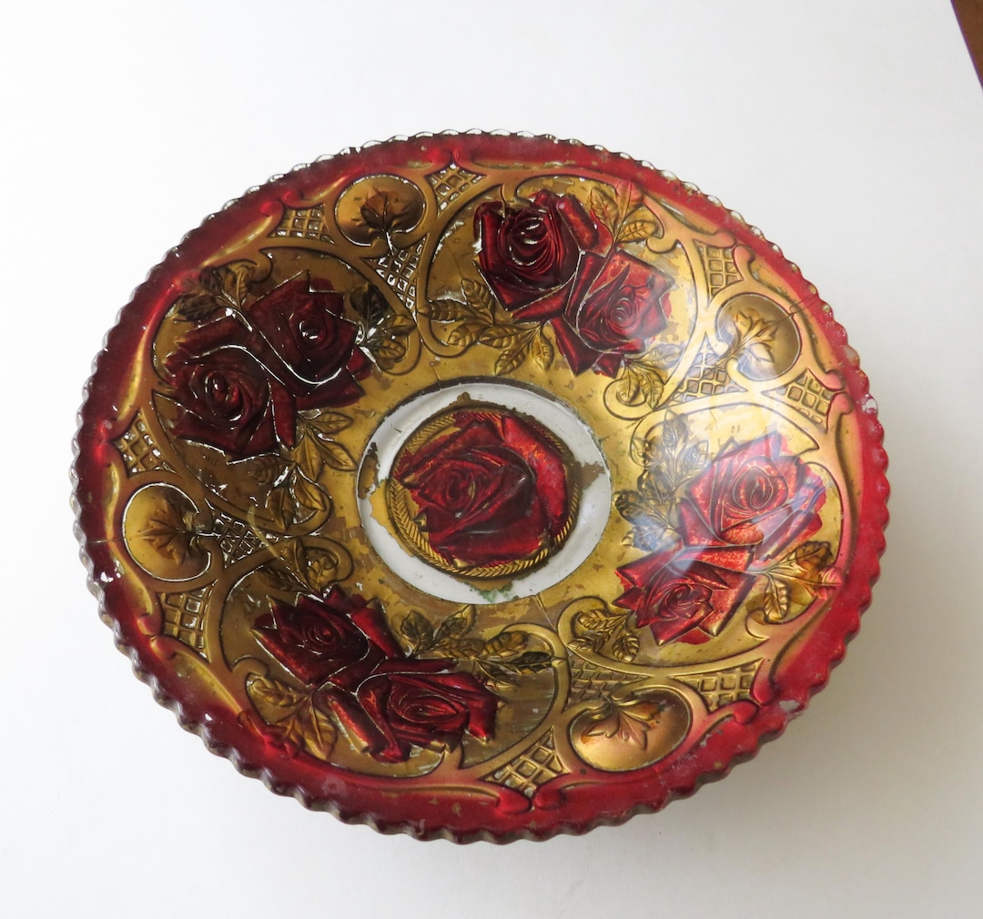 Antique Goofus Glass Bowl Roses Red & Gold Vintage - Etsy