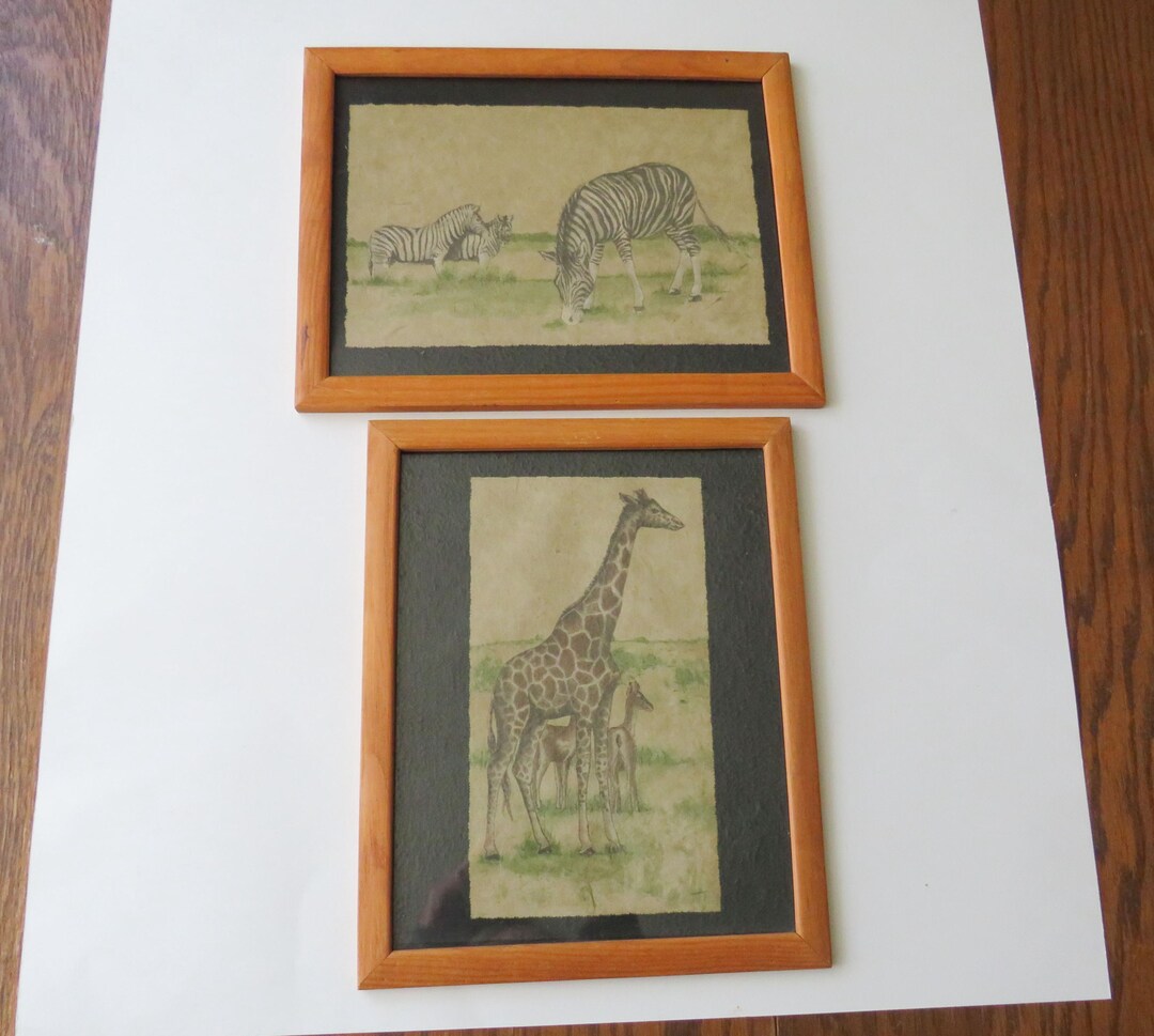 2 Vintage African Animal Pictures Framed With Glass Wood Frame Giraffes ...