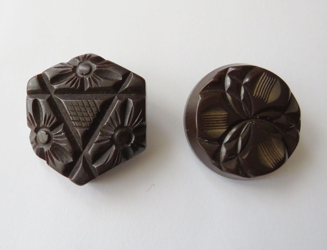 2 Antique Chocolate Bakelite Buttons Large Carved Vintage - Etsy