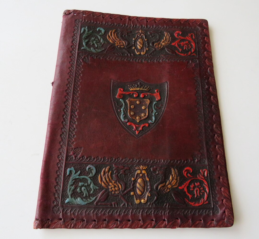 Antique Leather Book Cover Shield & Dragons With Attached Bookmark ...