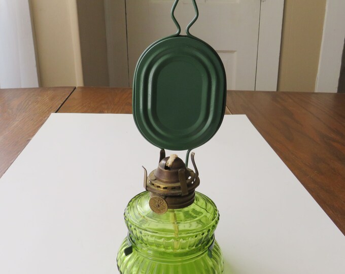 Vintage Small Green Glass Oil Lamp Base in Metal Wall Holder Handy Lamp ...
