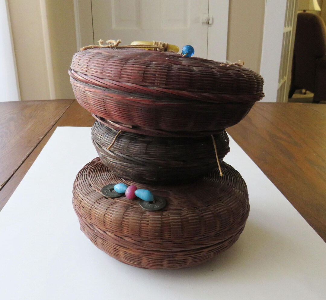 3 Small Antique Sewing Baskets Chinese Coins Beads Glass Ring Vintage ...