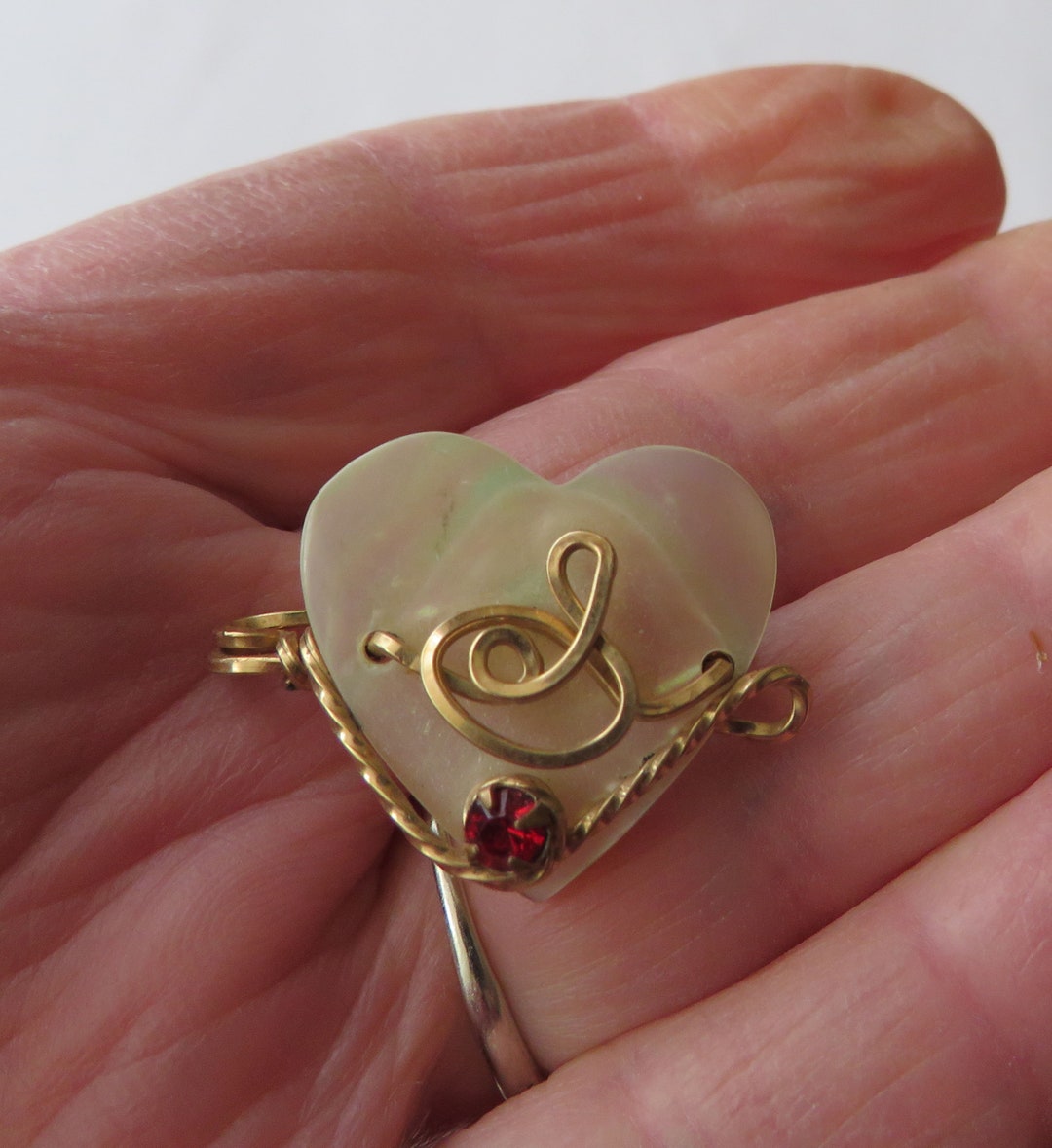 Antique Mother of Pearl Heart Pin Brooch Monogram S Wire Work Vintage ...