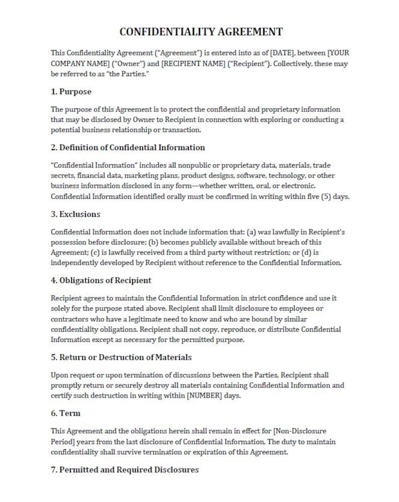Simple Customizable Confidentiality Agreement - Etsy