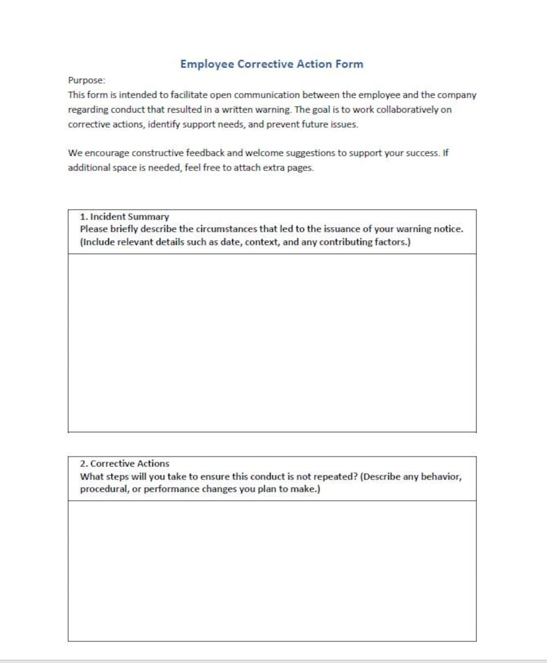 Employee Corrective Action Form - Etsy