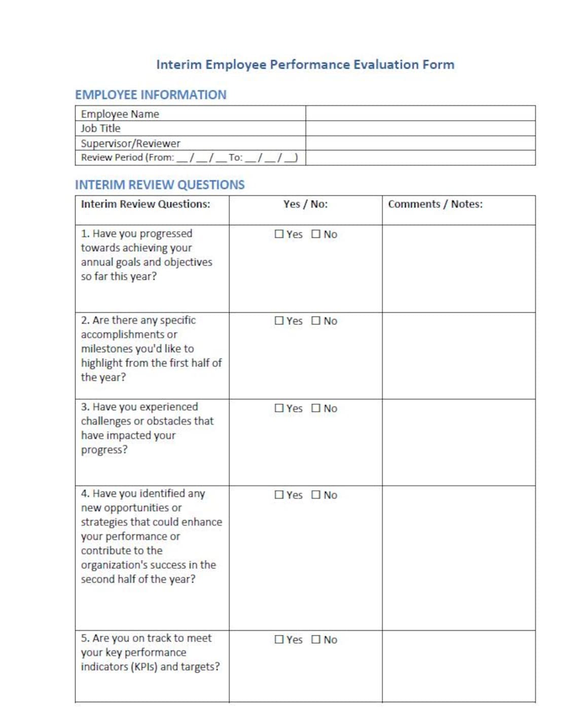 Interim Employee Performance Review Form - Etsy