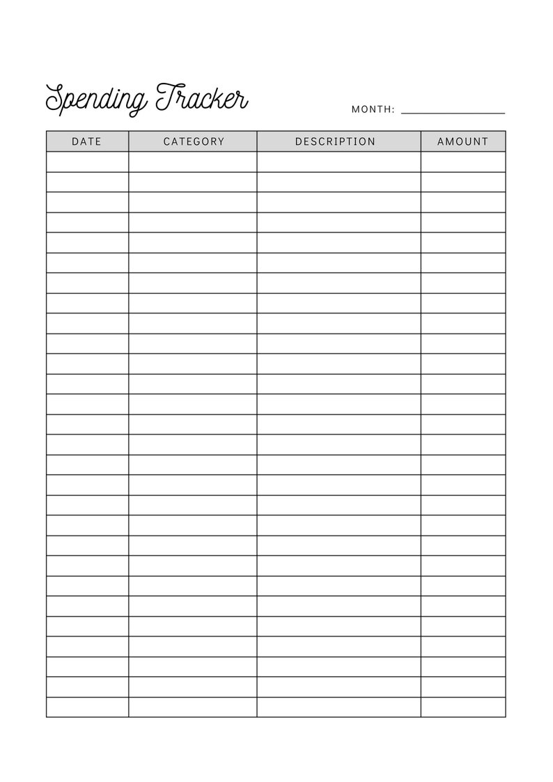 Spending Tracker Printable Monthly Expense Log Business Expense Planner