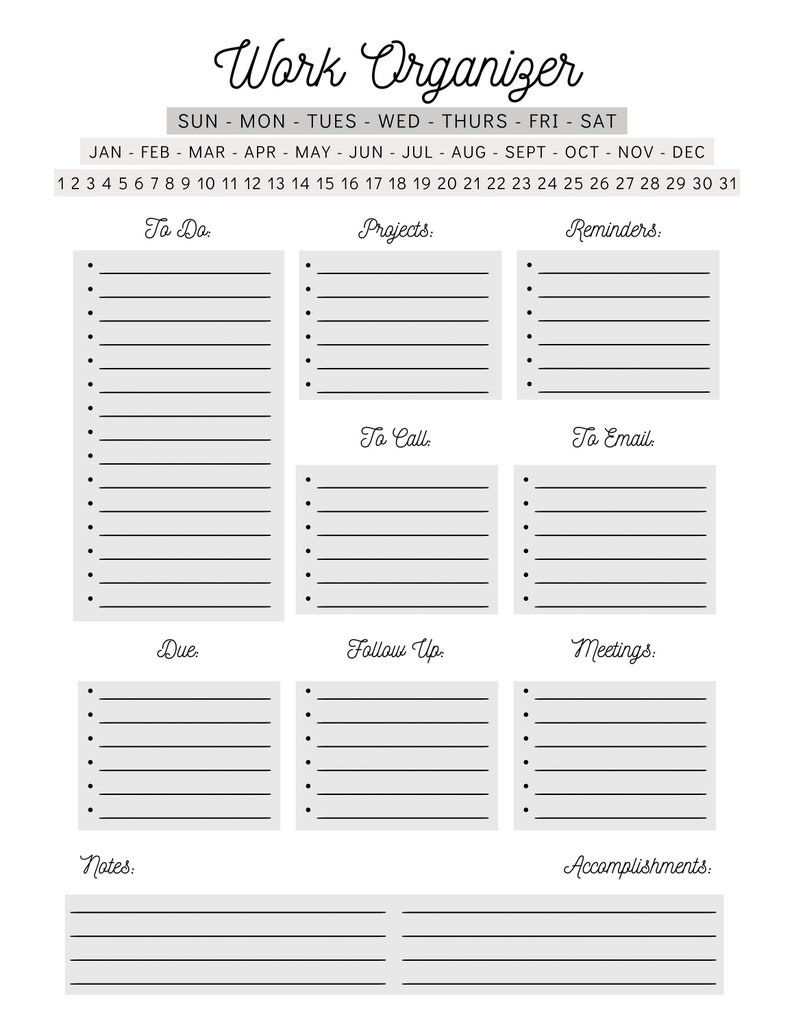 Work Day Organizer Printable Editable Fillable. Work Planner. Printable ...