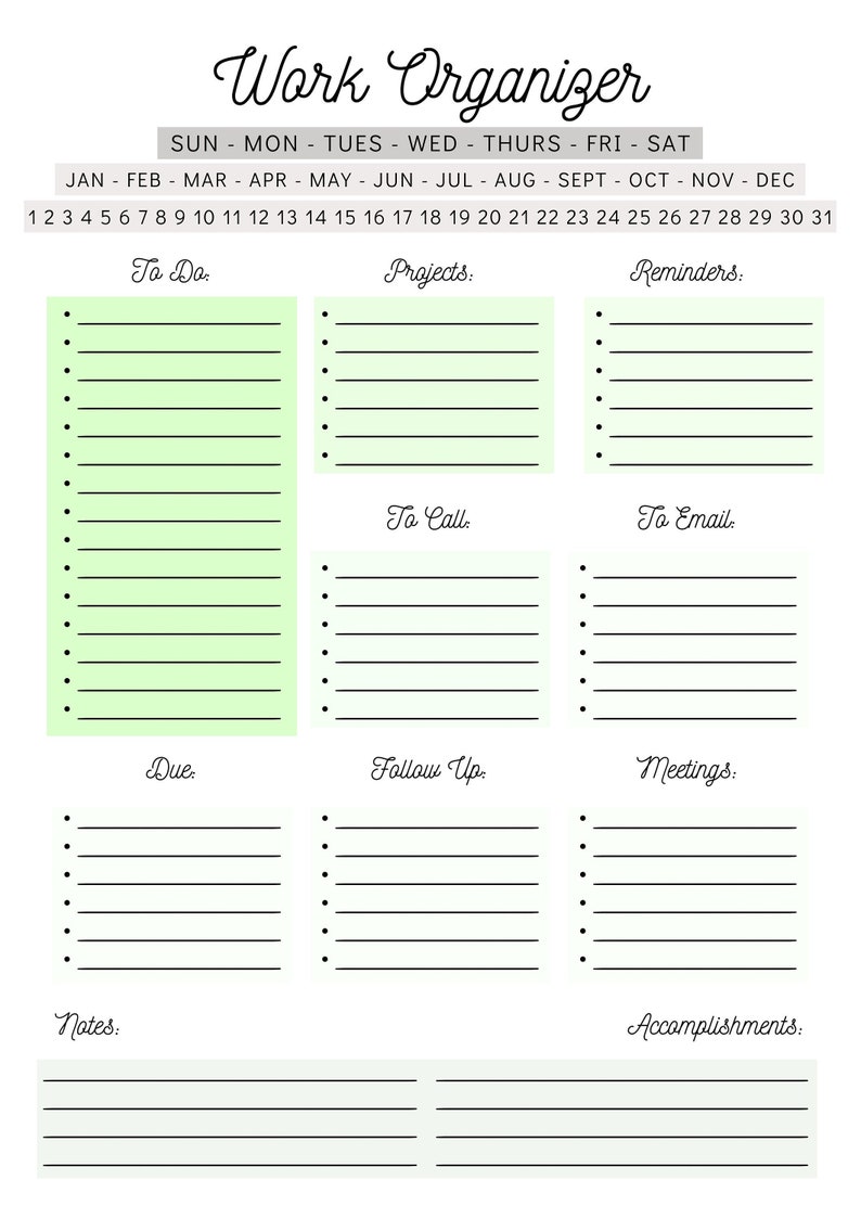Work Day Organizer Printable Editable Fillable. Work Planner. Printable ...