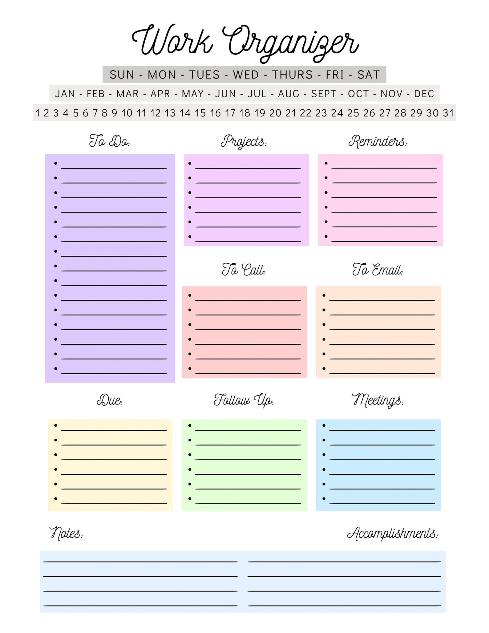 Work Day Organizer Printable Editable Fillable. Work Planner. Printable ...