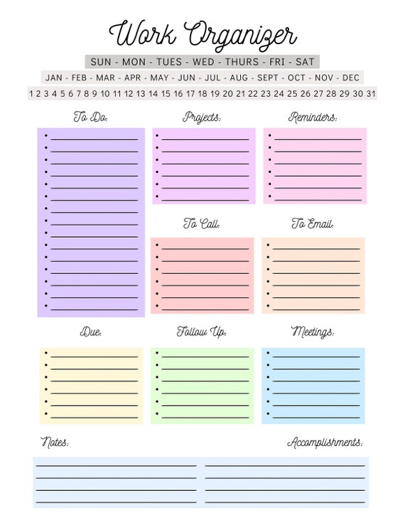 Work Day Organizer Printable Editable Fillable. Work Planner. | Etsy