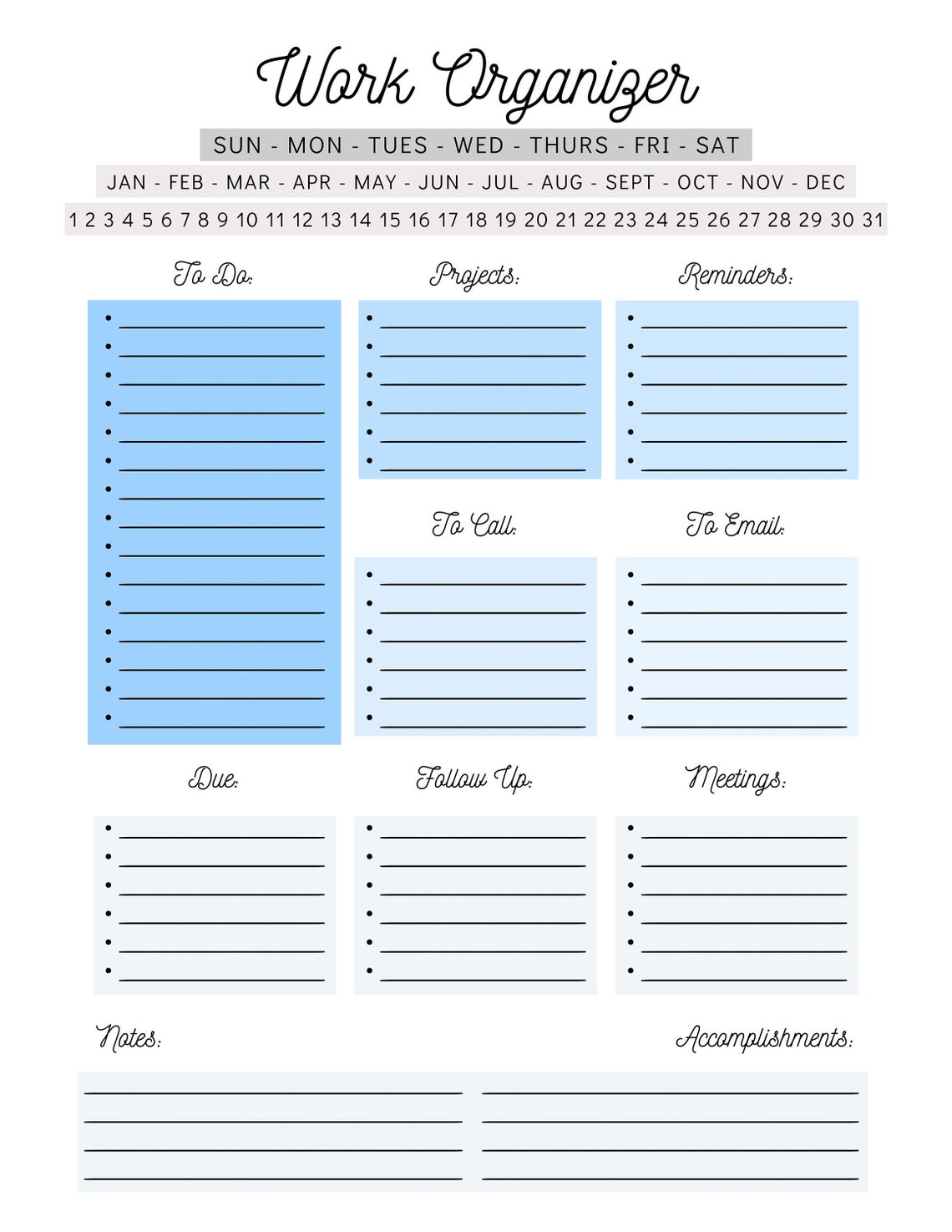 Work Day Organizer Printable Editable Fillable. Work Planner. Printable ...