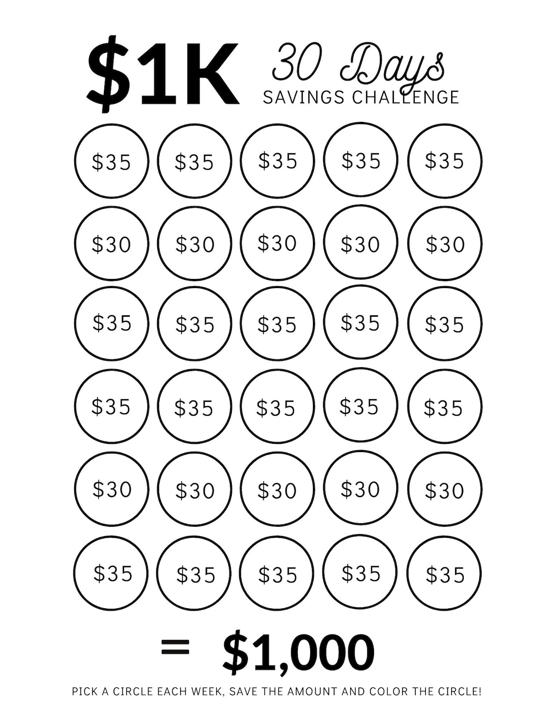 Money Saving Challenge 1K IN 30 DAYS 1000 Dollar Savings - Etsy