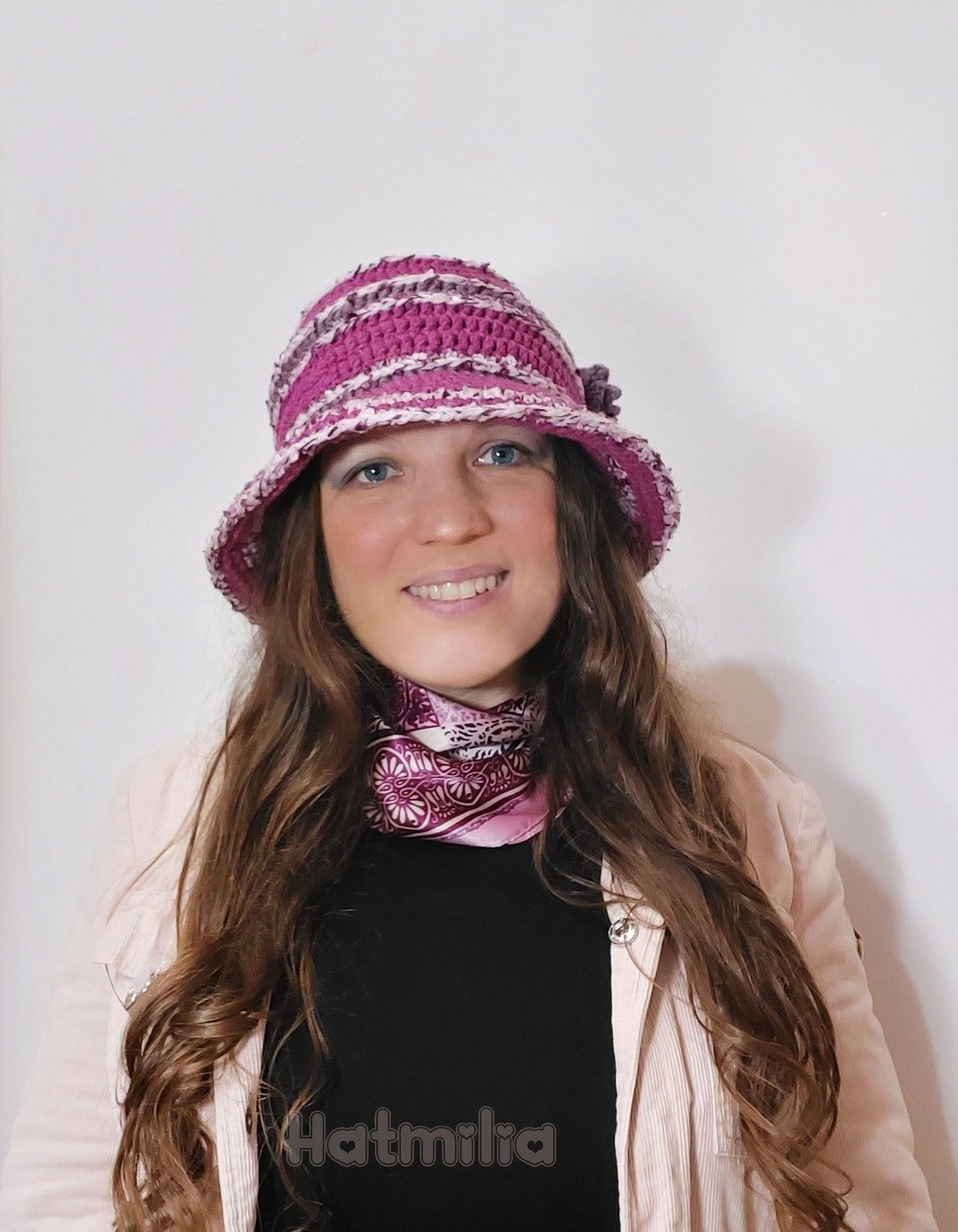 Vintage Crochet Bucket Hat Bell Hat With Flower With Brim Spring Pink ...