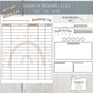 Printable Reading Log for Children or Adults | Boho Rainbow Reading Log ...