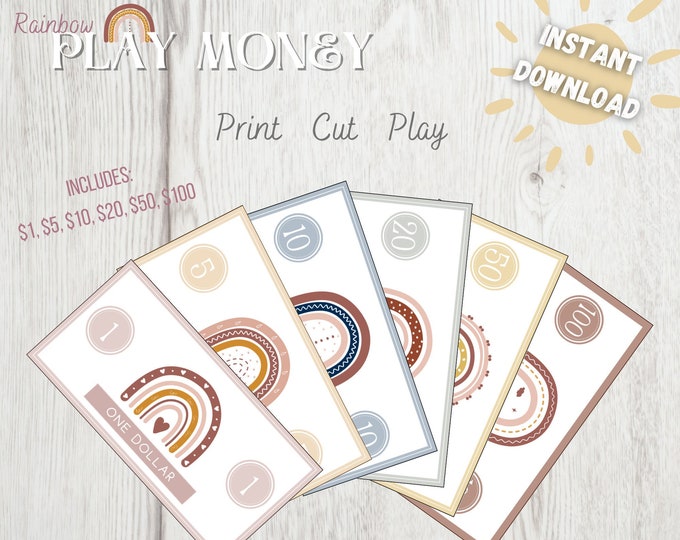 Printable Play Money for Kids Boho Rainbow Pretend Money for - Etsy
