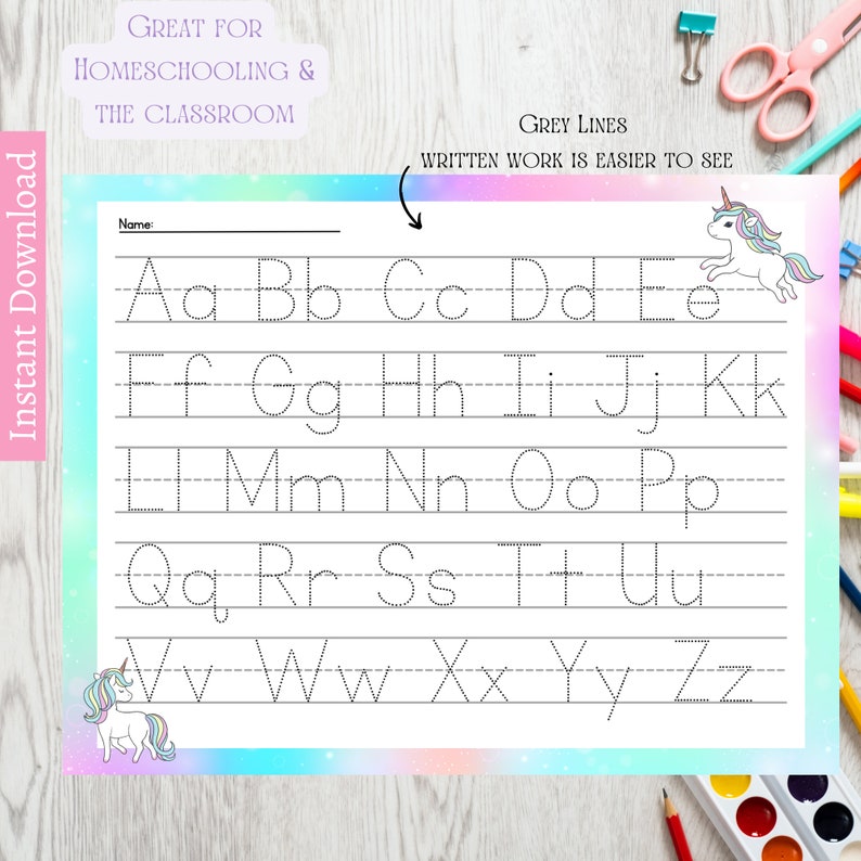 Printable Alphabet Tracing Worksheet for Kids | Unicorn A to Z Letter ...