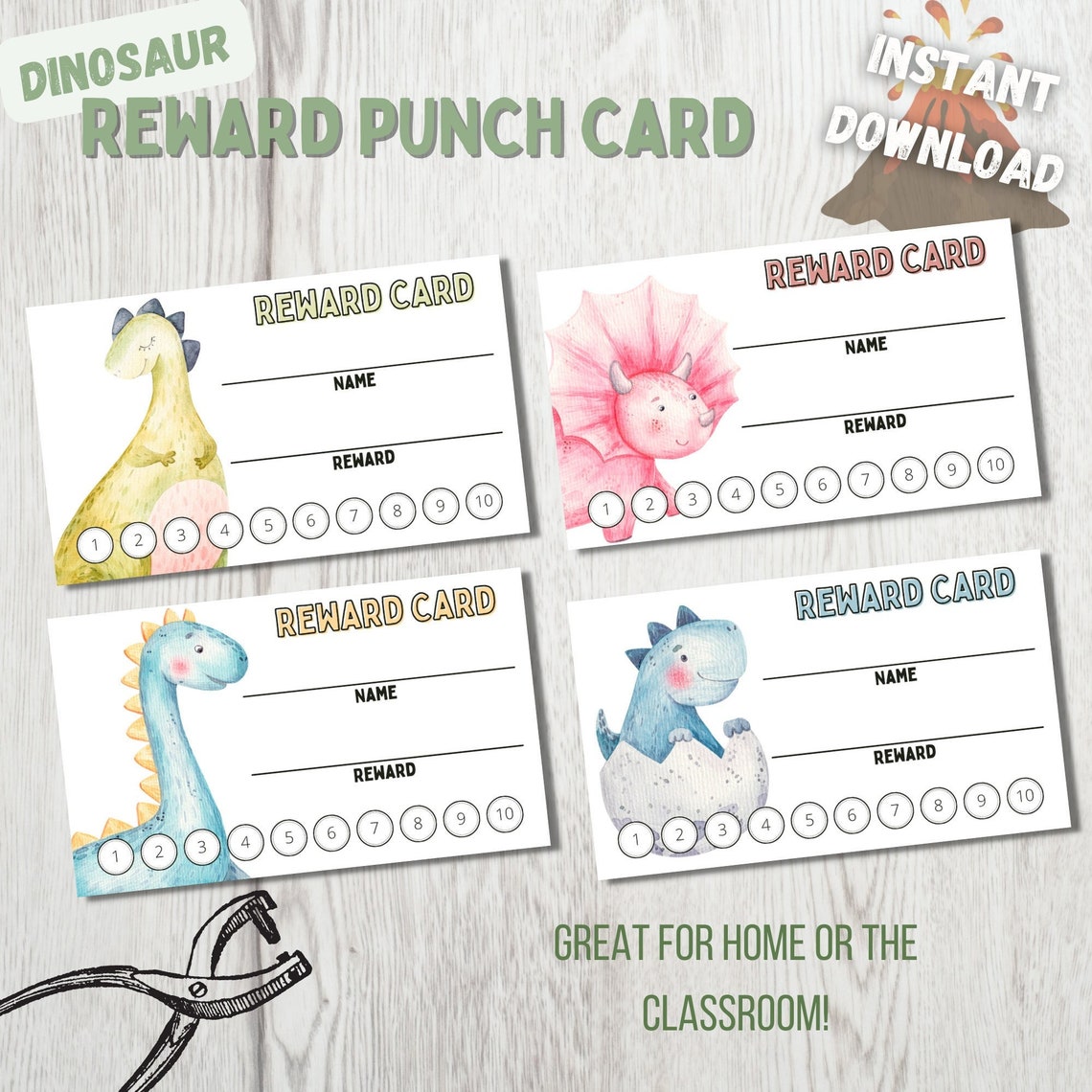 Reward Punch Card Printable | Dinosaur Reward Cards for Kids ...