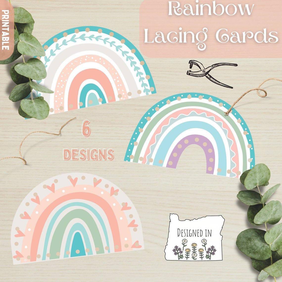 Boho Rainbow Lacing Cards Printable Montessori | Preschool Fine Motor ...