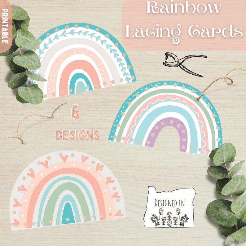 Boho Rainbow Lacing Cards Printable Montessori | Preschool Fine Motor ...