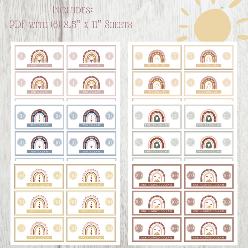 Printable Play Money for Kids | Boho Rainbow Pretend Money for ...