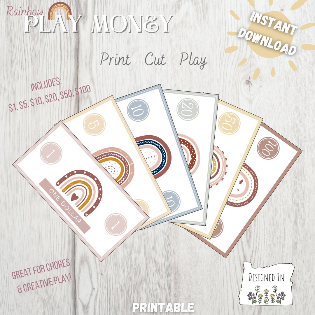 Printable Play Money for Kids | Boho Rainbow Pretend Money for ...