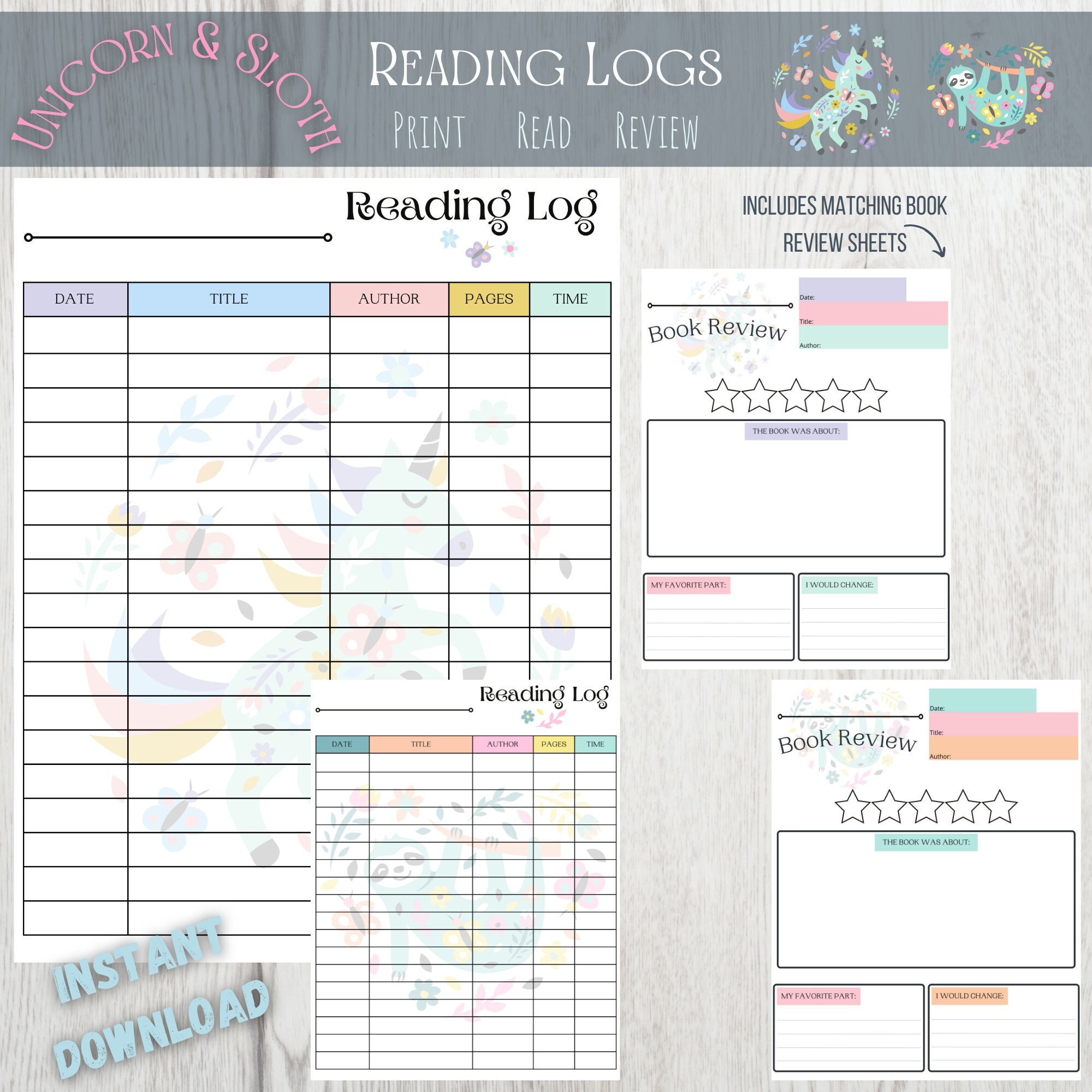 Printable Reading Log for Children | Unicorn and Sloth Reading Logs and ...