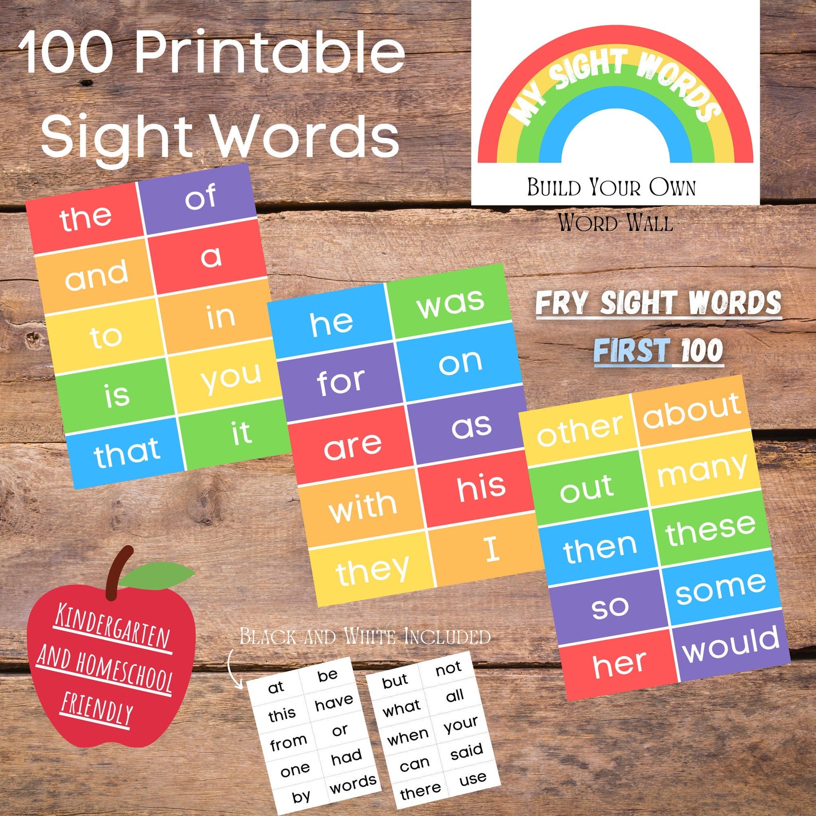 100 Printable Rainbow Fry Sight Words Set 1 the First 100 | Etsy