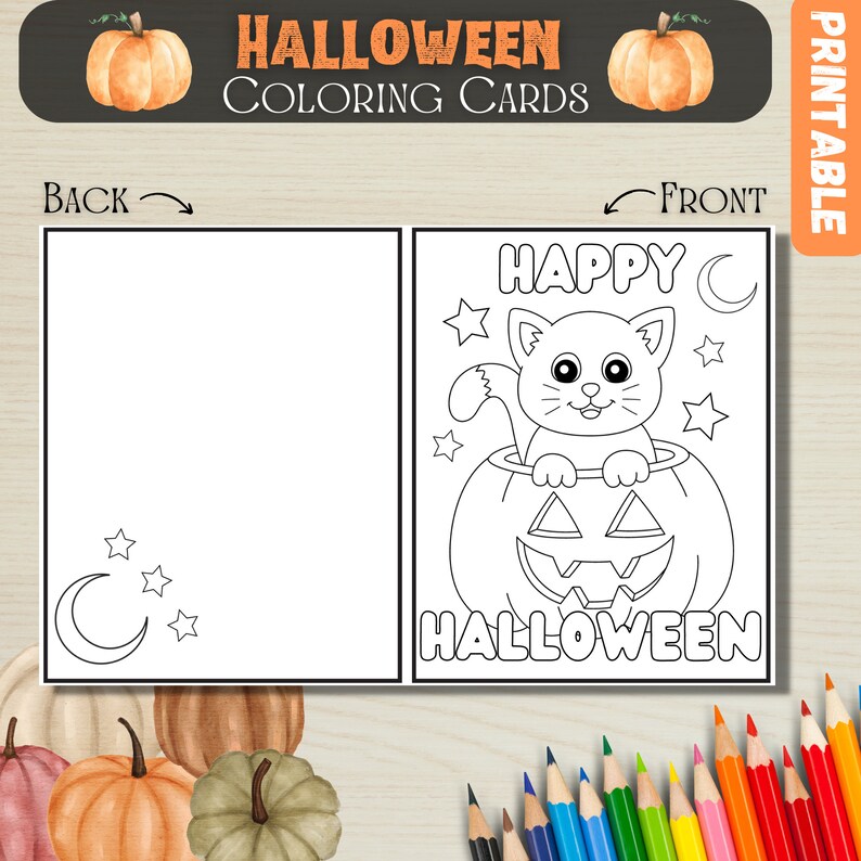 Halloween Cards to Color for Kids | Printable Coloring Card Happy ...