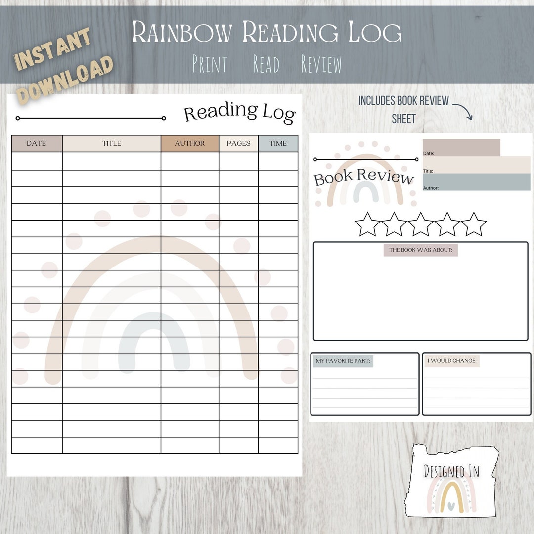 Printable Reading Log for Children or Adults | Boho Rainbow Reading Log ...